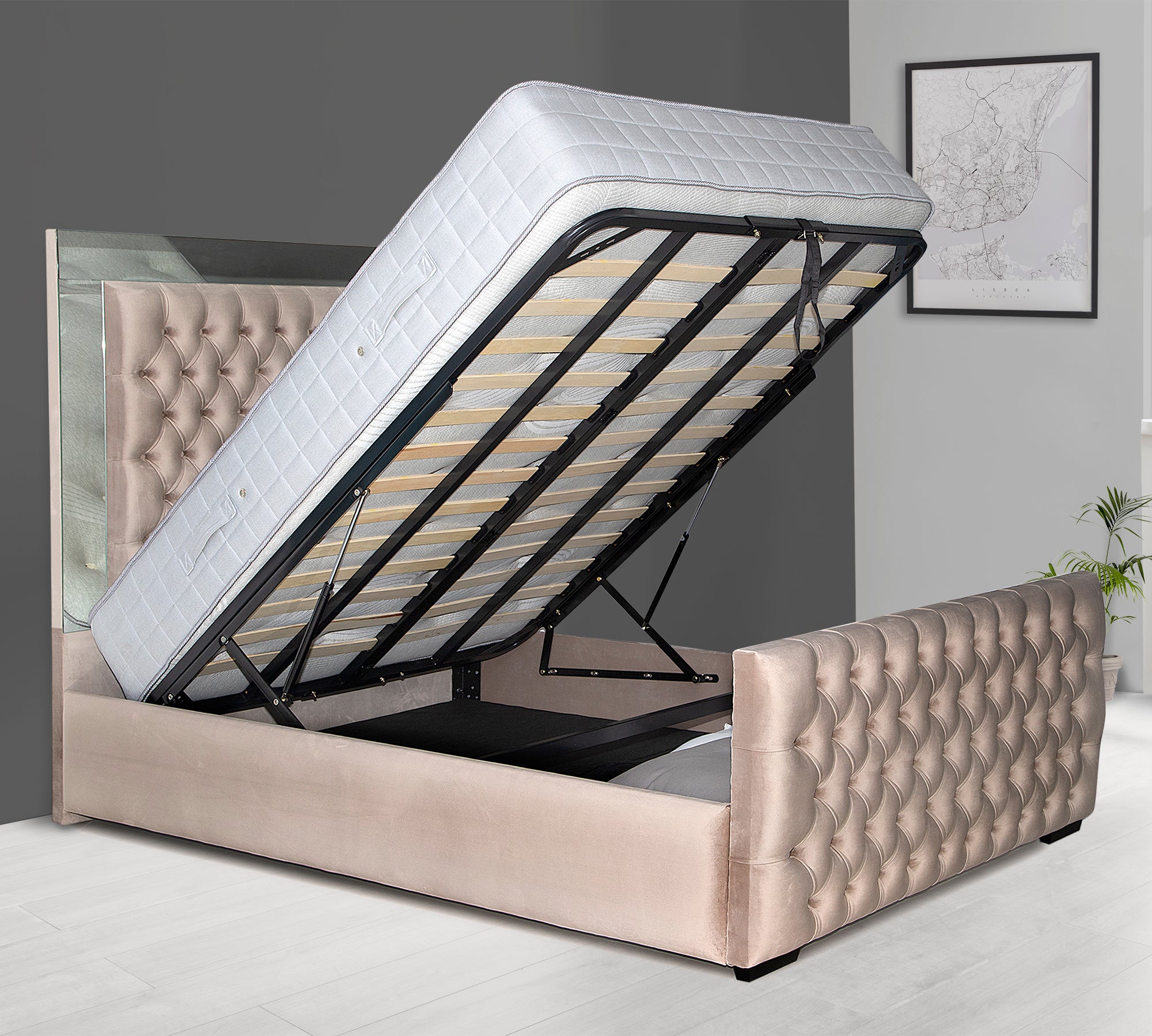 Reflection Mirror Ottoman Storage Bed